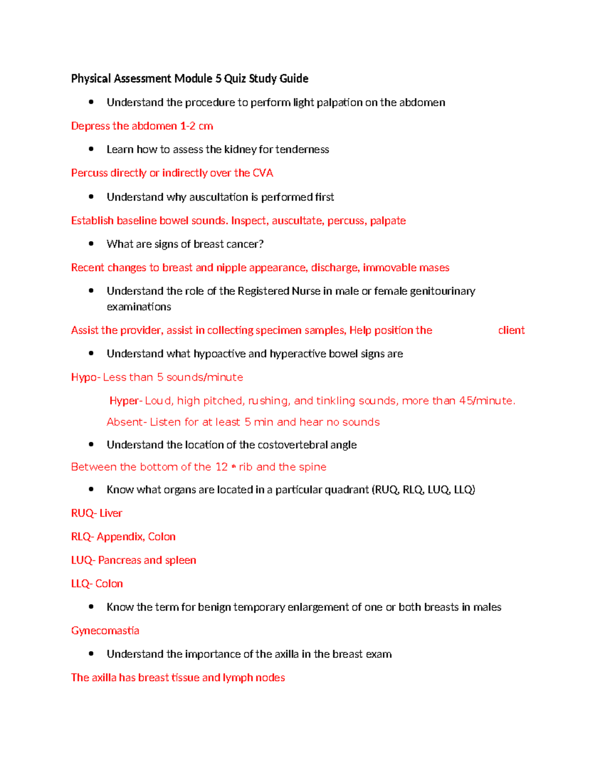 Physical Assessment Module 5 Quiz Study Guide - Inspect, auscultate ...
