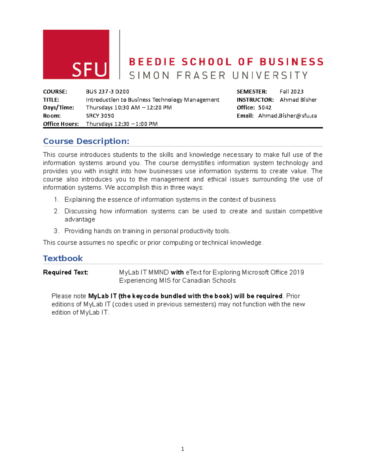 Outline BUS237-D200-Bisher-Fall 2023 - COURSE: BUS 237-3 D200 SEMESTER ...