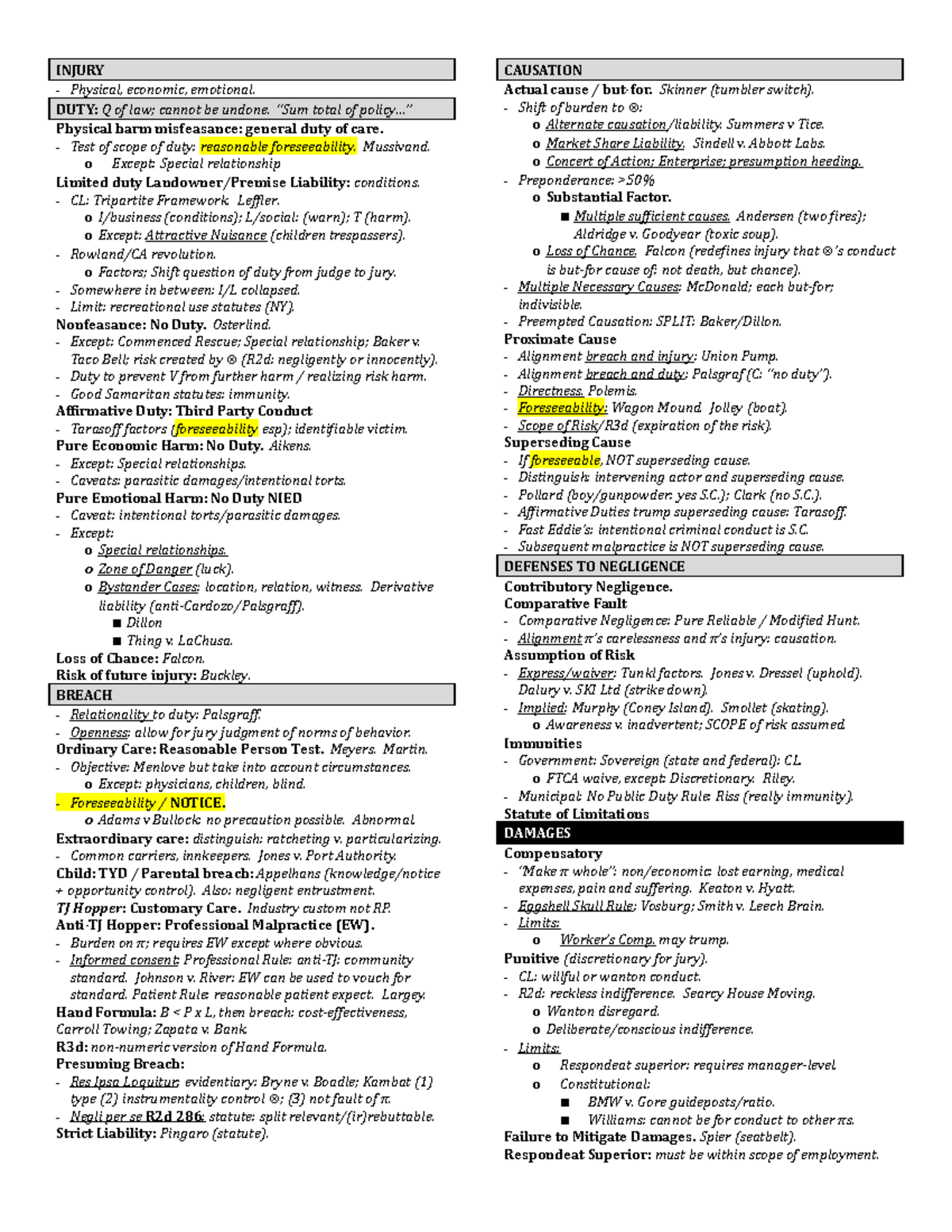 Torts Exam Cheat Sheet Zipursky - INJURY Physical, economic, emotional ...