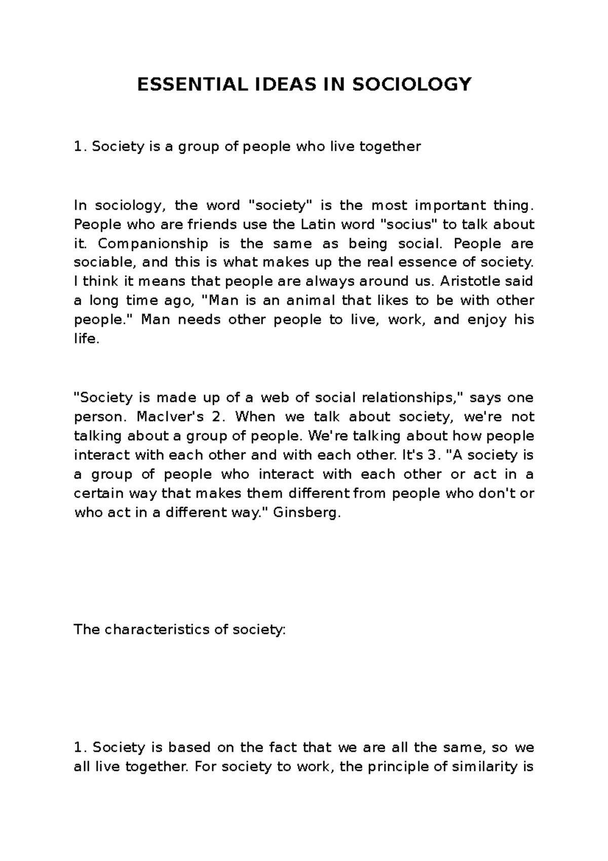 Essential Ideas IN Sociology - ESSENTIAL IDEAS IN SOCIOLOGY Society is ...