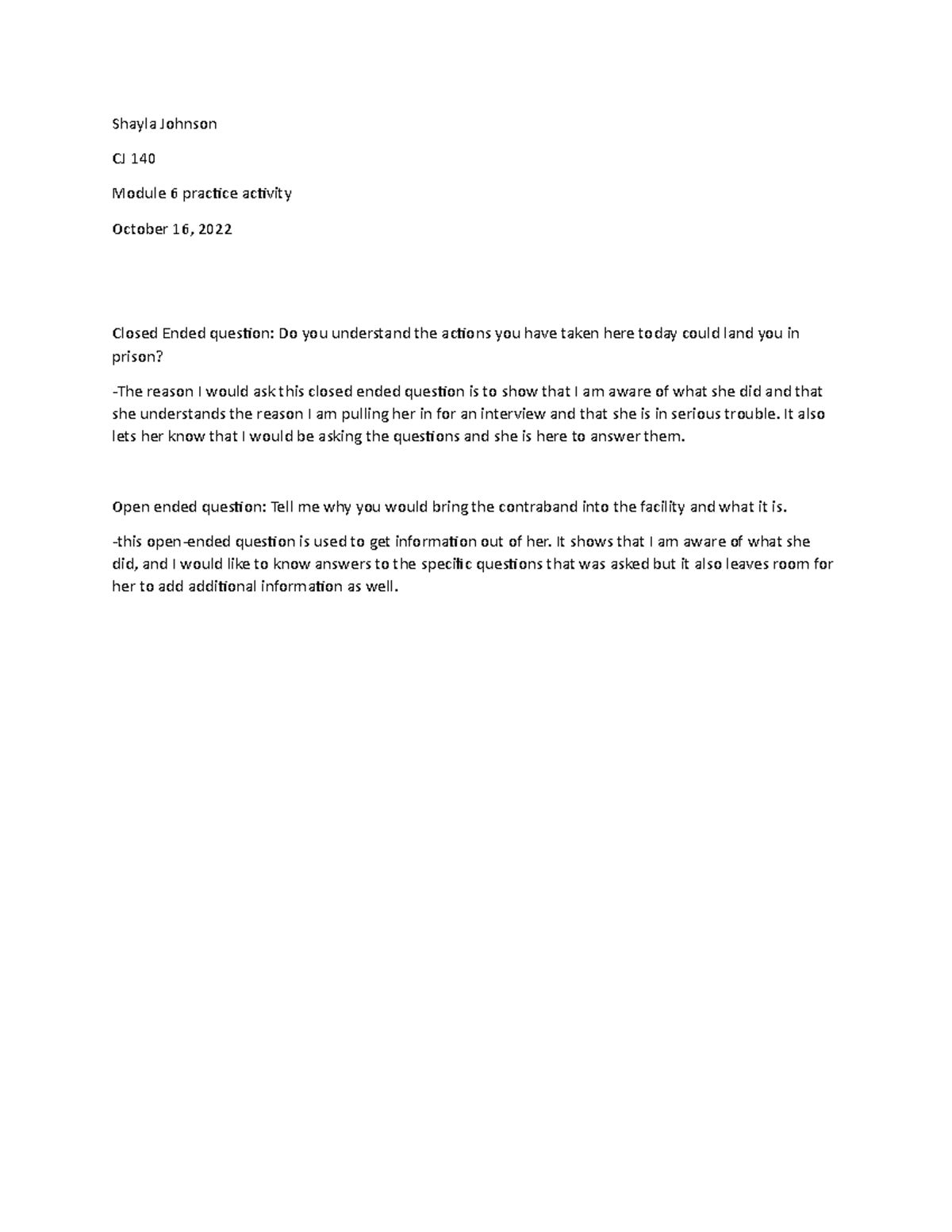 CJ 140 module 6 practice activity - Shayla Johnson CJ 140 Module 6 ...