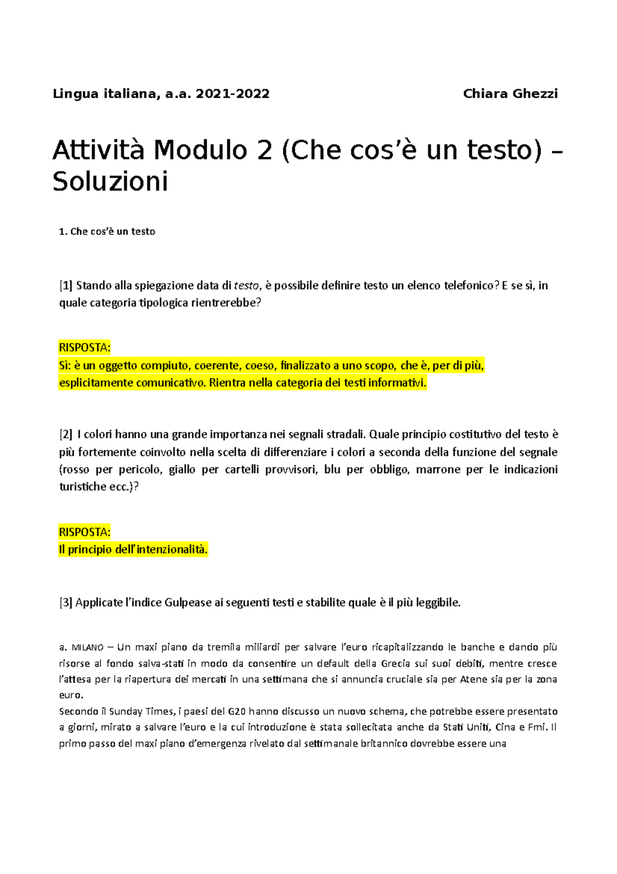 Modulo 2 attività soluzioni - Lingua italiana, a. 2021-2022 Chiara ...