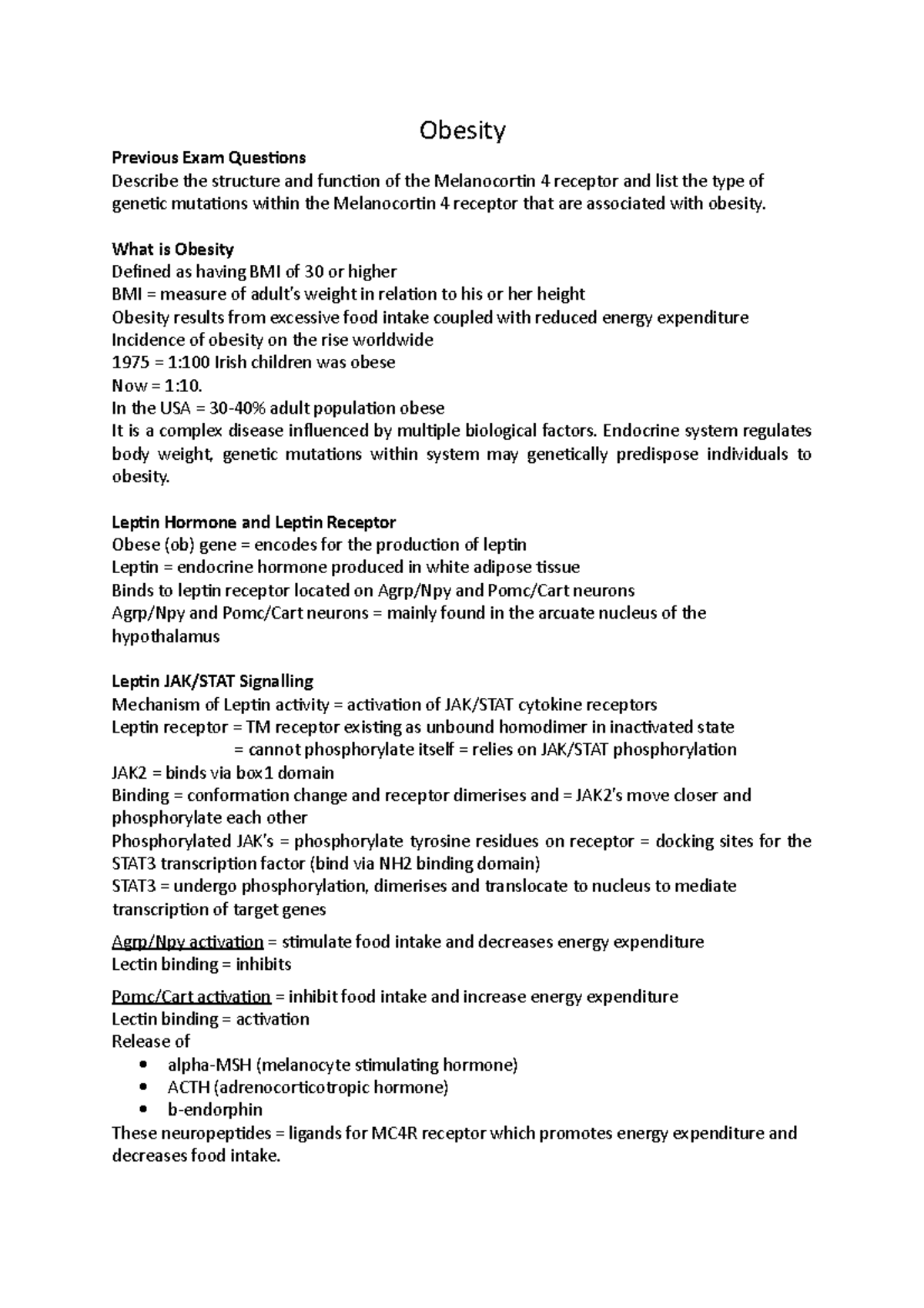 4 Obesity - Lecture notes 4 - Obesity Previous Exam Questions Describe ...