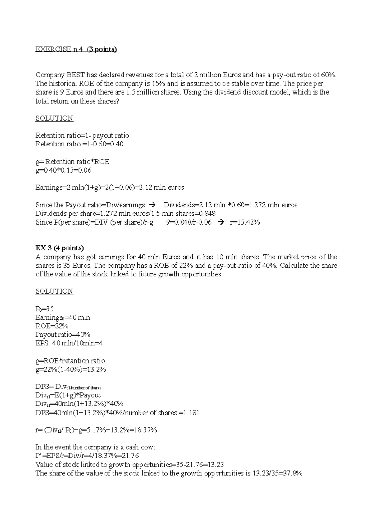 Ex dividend discount - EXERCISE n (3 points) Company BEST has declared ...