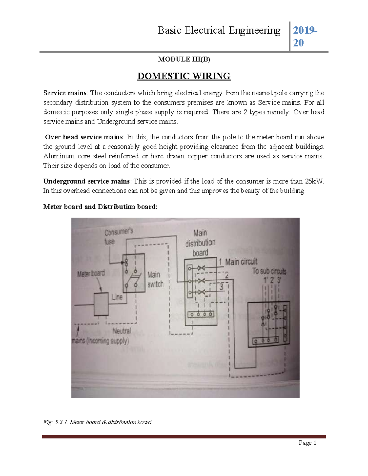BEE Module 3 B Domestic Wiring - 20 MODULE III(B) DOMESTIC WIRING Service mains: The conductors ...