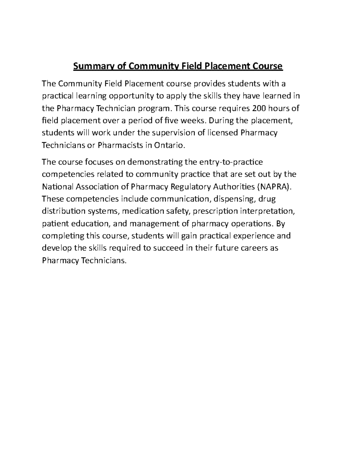 Community Field Placement - This course requires 200 hours of field ...