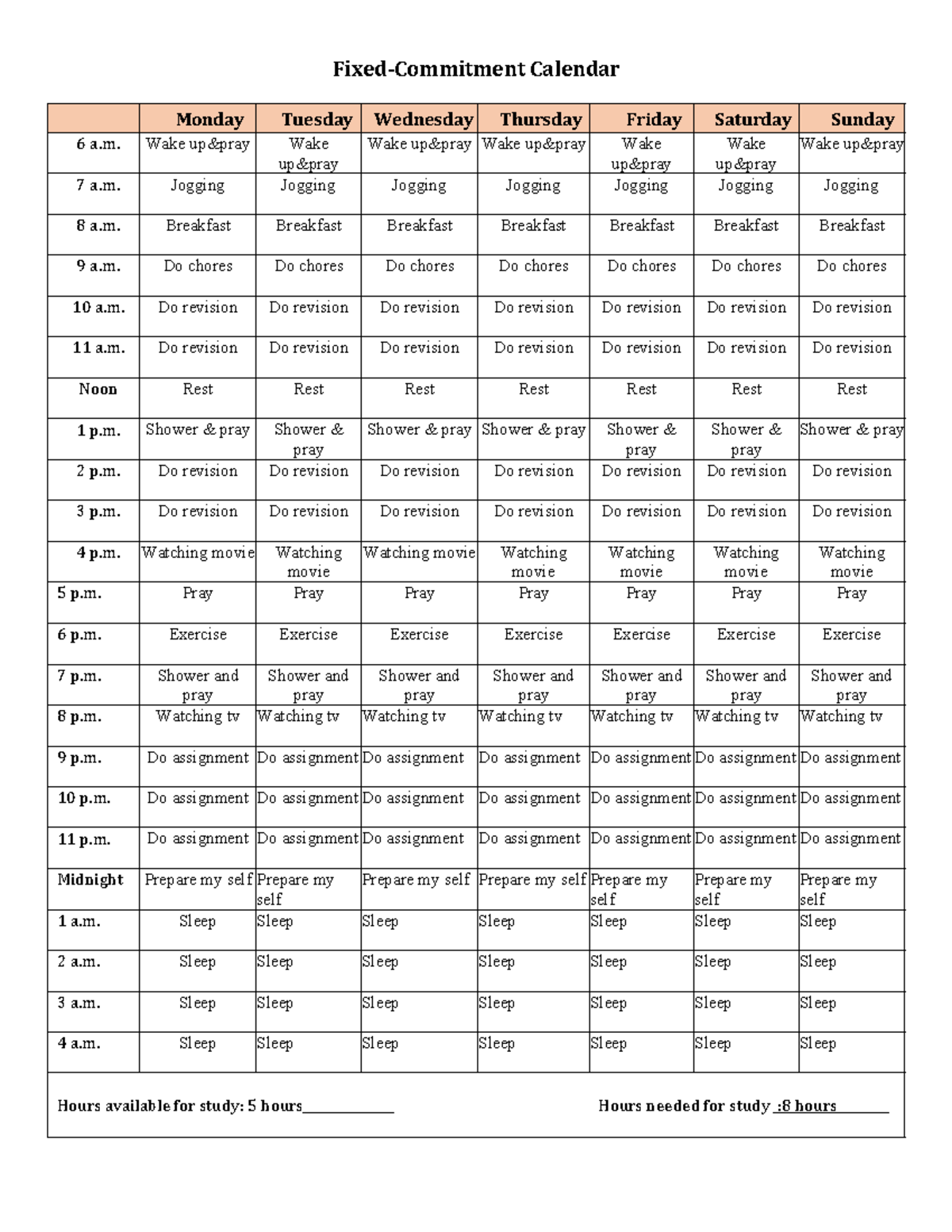 Appendix 4 - Note - Fixed-Commitment Calendar Monday Tuesday Wednesday ...