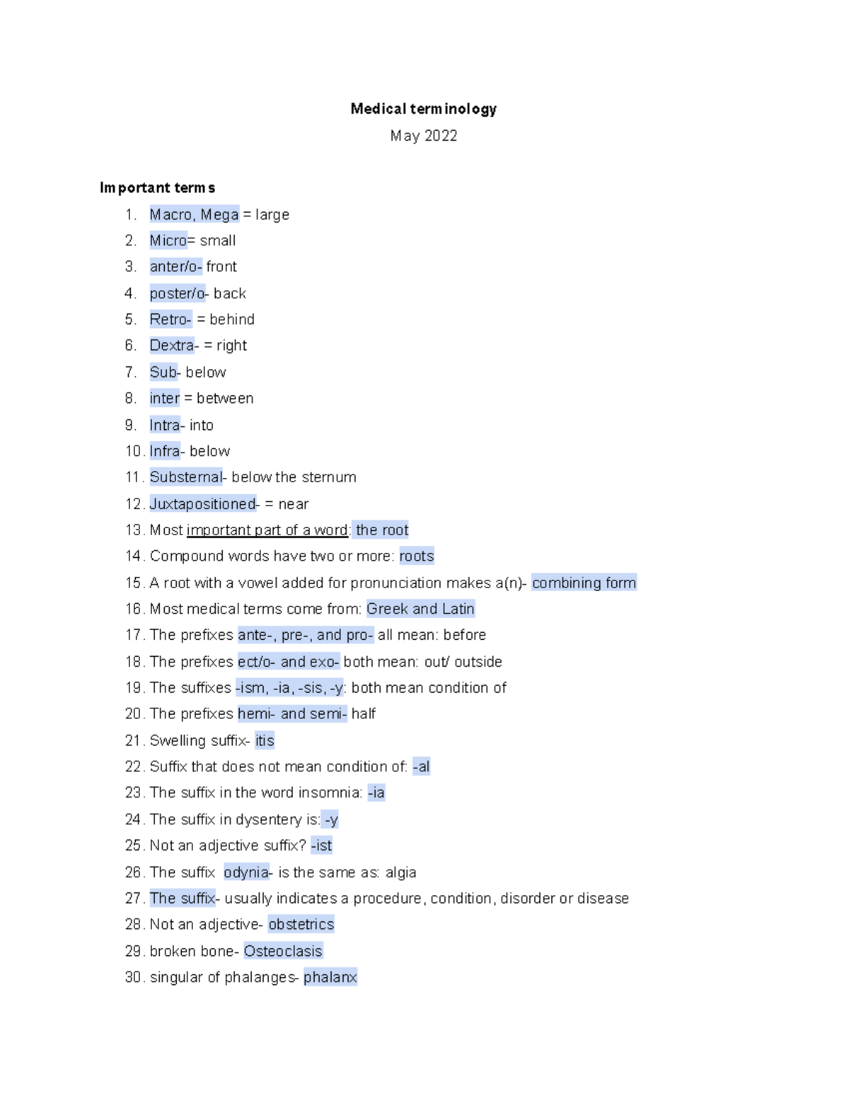 Medical terminology table - Medical terminology May 2022 Important ...