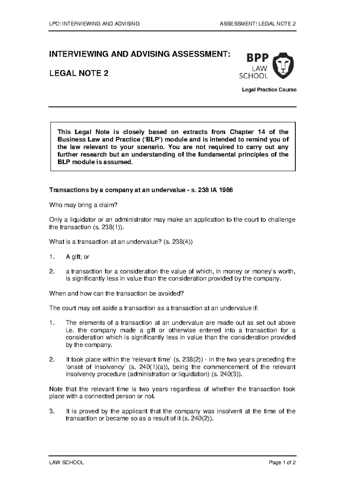 Legal Note 2 - notes - LPC: INTERVIEWING AND ADVISING ASSESSMENT: LEGAL ...