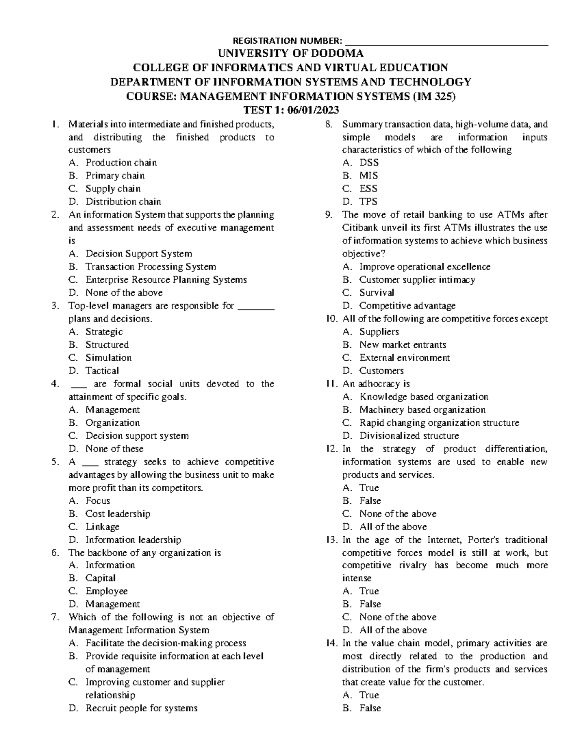 Management Information SYstems Multiple choice Questions - REGISTRATION NUMBER: - Studocu