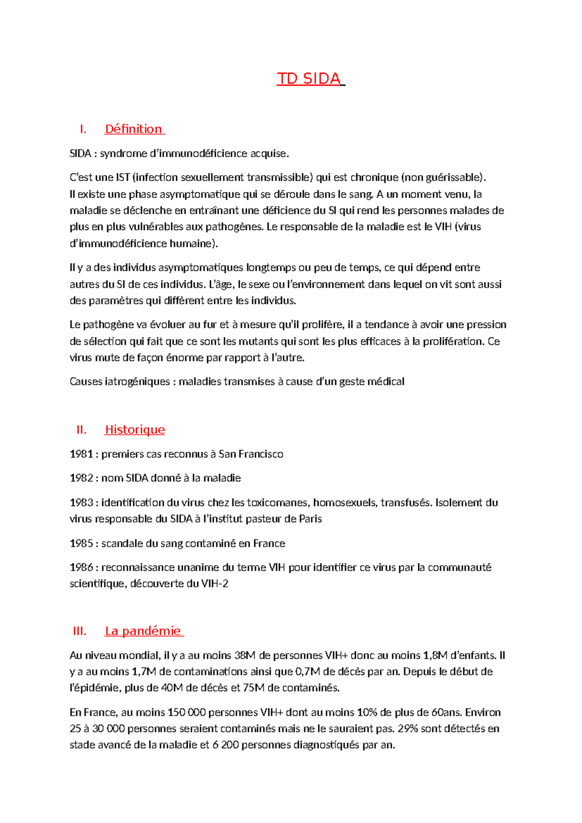 TD SIDA - 2023 - TD SIDA I. Définition SIDA : syndrome d ...