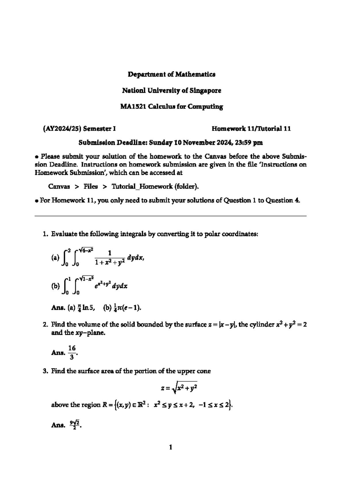 MA1521 Homework 11 - Department of Mathematics Nationl University of Singapore MA1521 Calculus ...