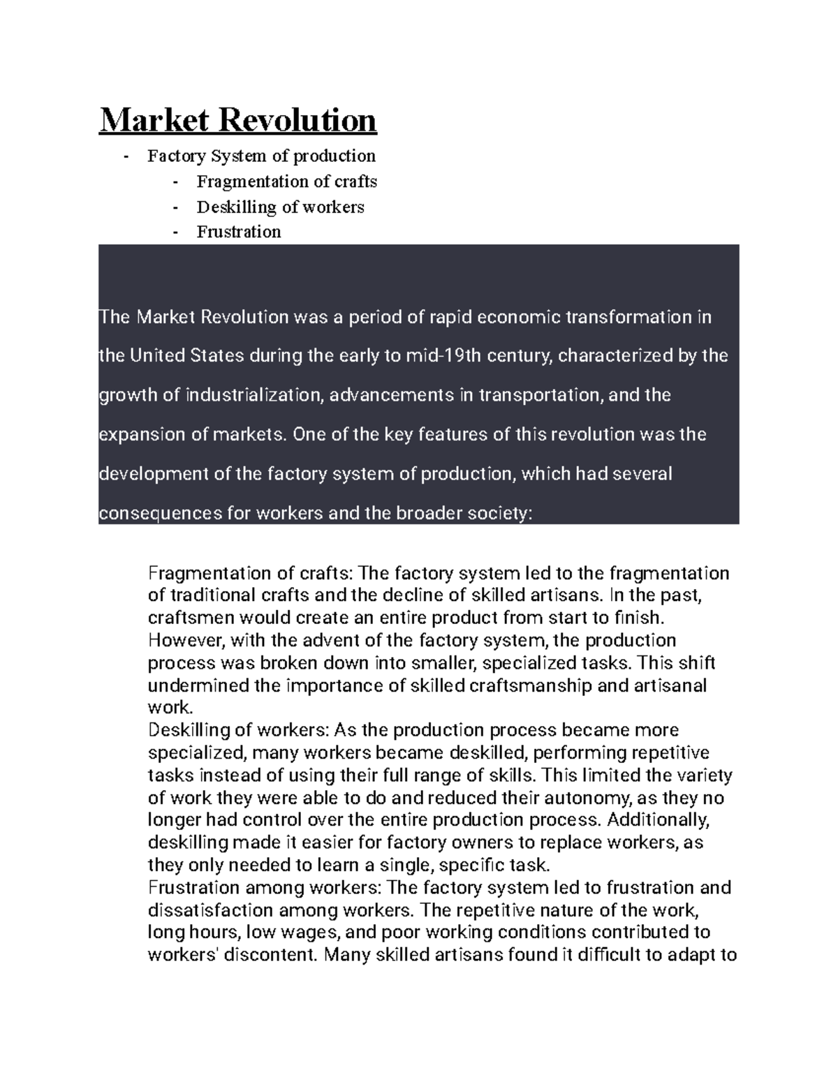 Market Revolution and the influence in the US - Market Revolution ...