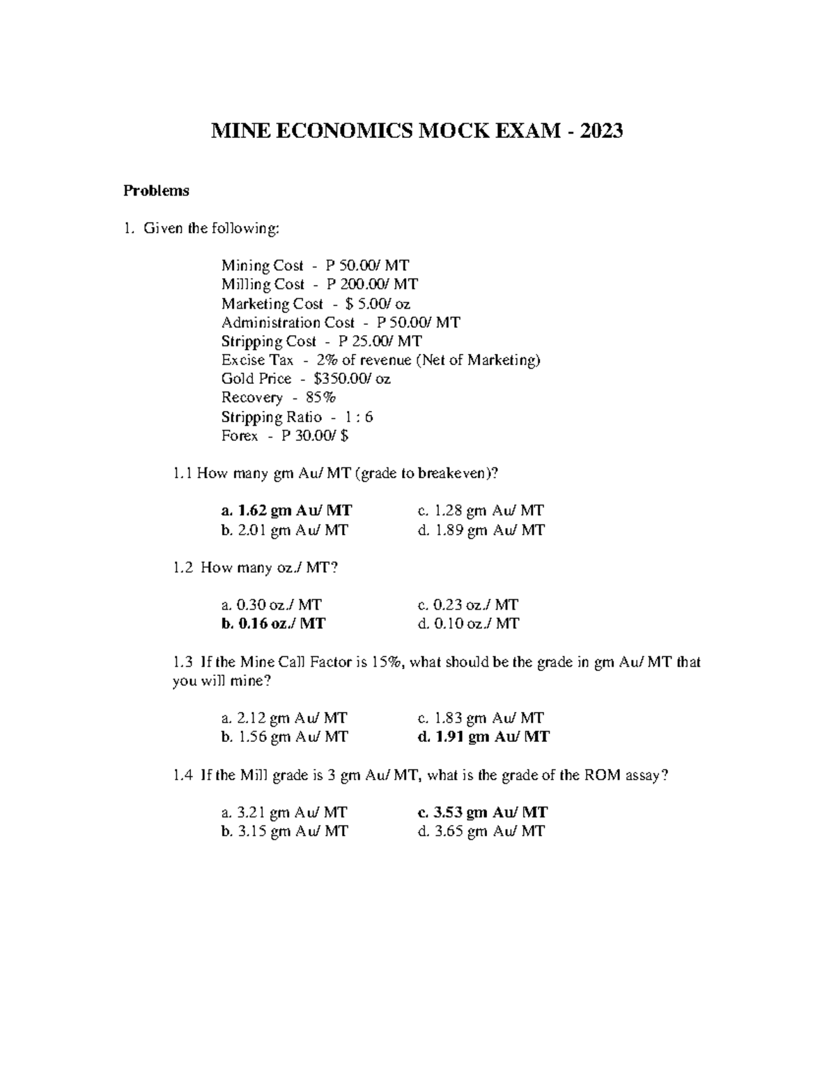 MINE Economics Mock Exam 3 - MINE ECONOMICS MOCK EXAM - 2023 Problems ...