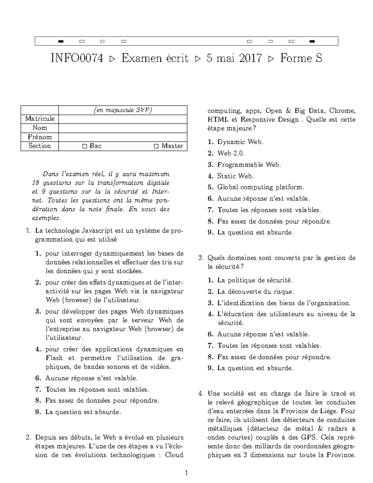 QCM-examen-info exemple - INFO0074. Examen écrit. 5 mai 2017. Forme S ...