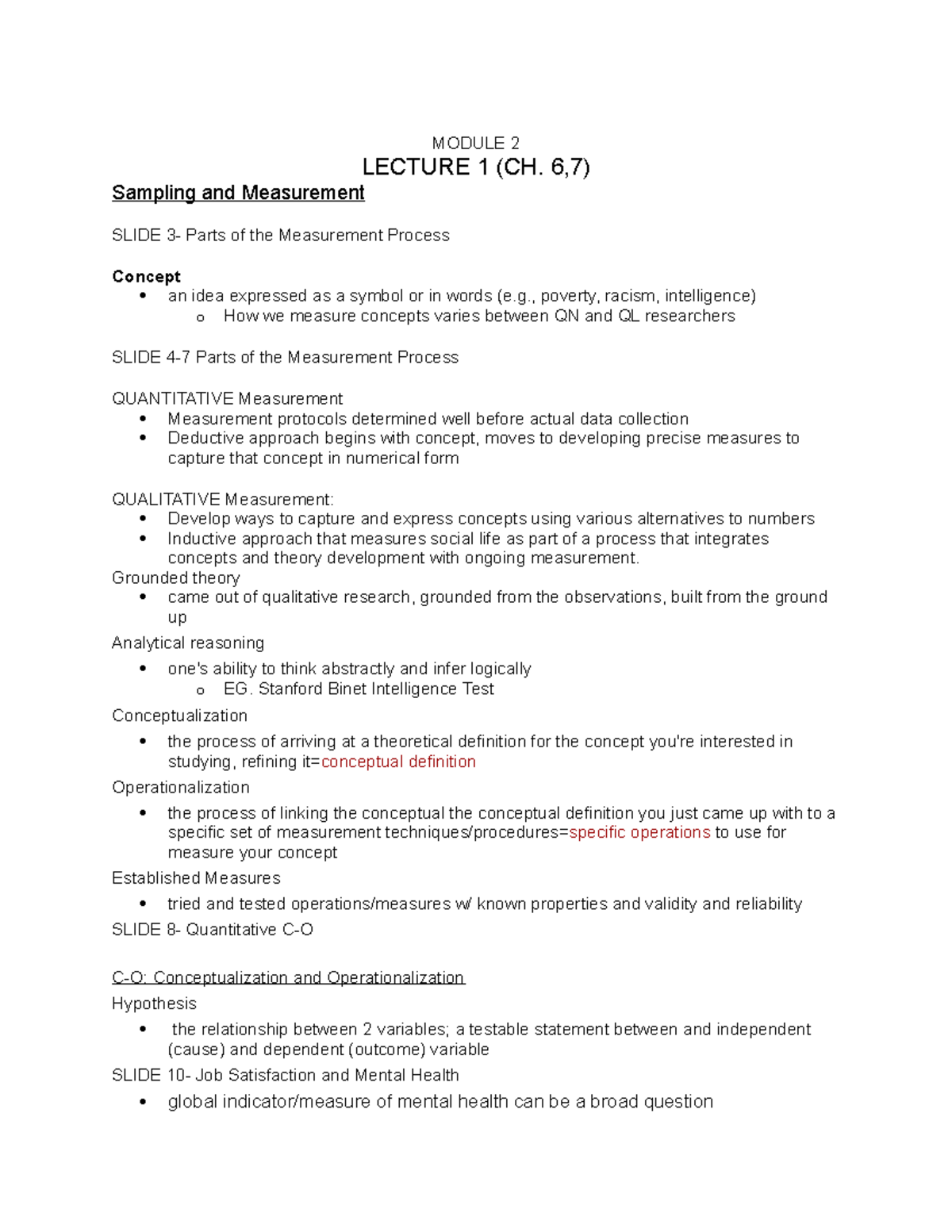 Module 2 test - MODULE 2 LECTURE 1 (CH. 6,7) Sampling and Measurement ...