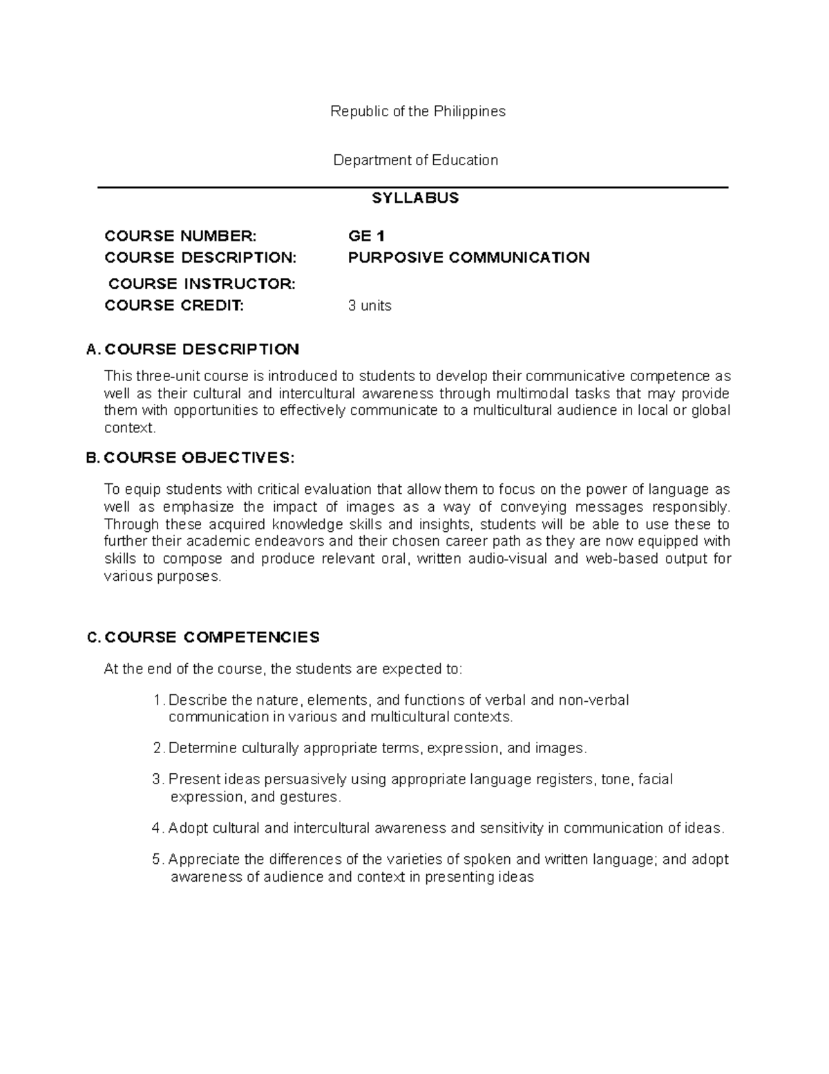 Purposive Communication Syllabus - Republic of the Philippines ...