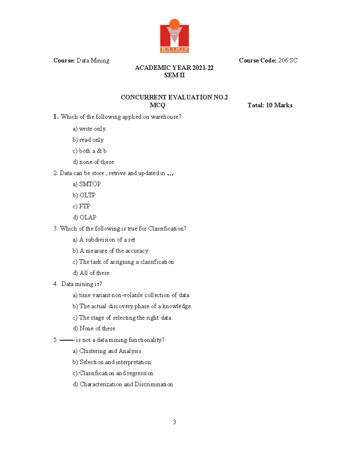 206 BA SC BA 02 Data Mining CCE 2 - Course: Data Mining Course Code ...