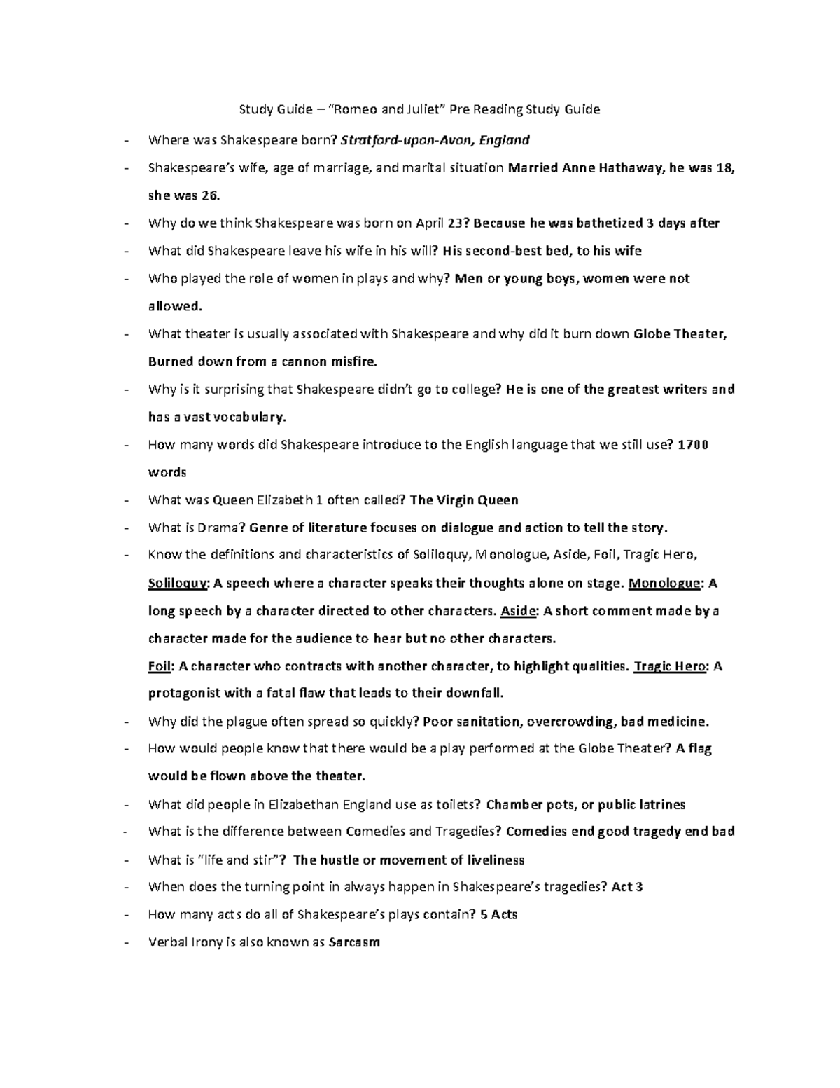 Romeo and Juliet Pre Reading Test Study Guide - Study Guide – “Romeo ...