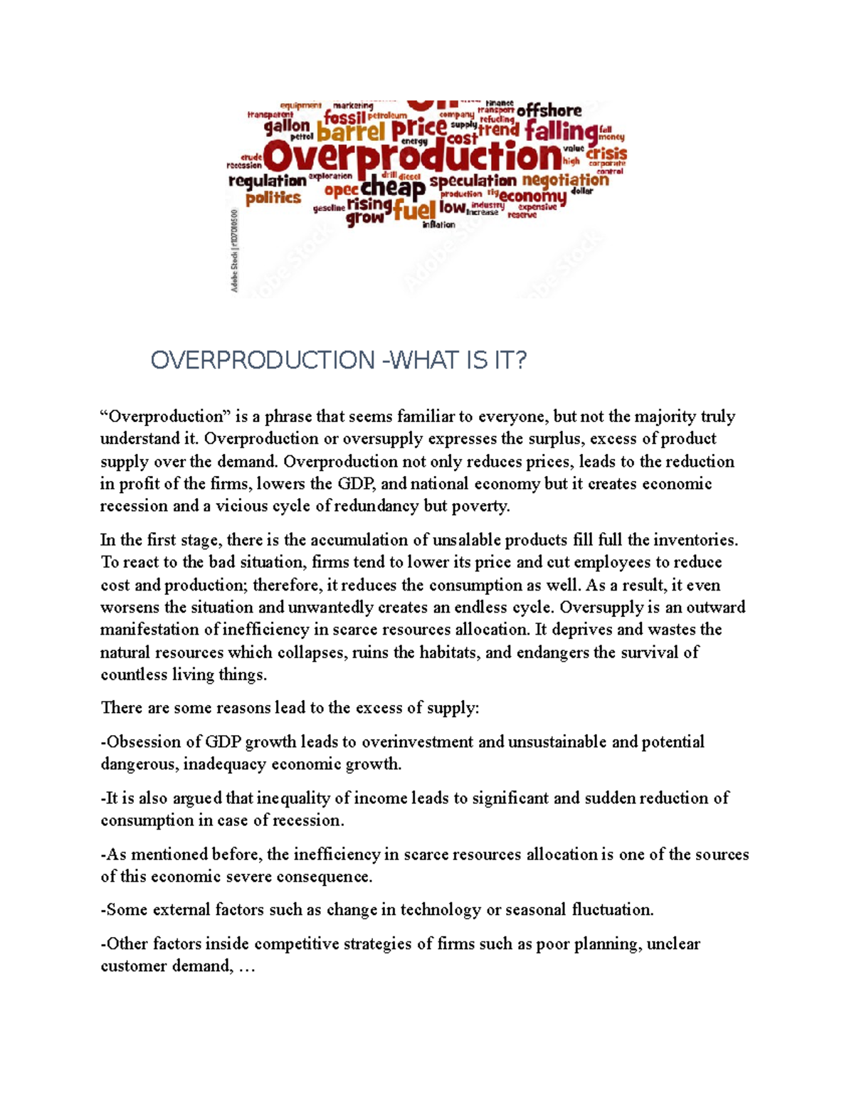 Overproduction - OVERPRODUCTION -WHAT IS IT? “Overproduction” is a ...