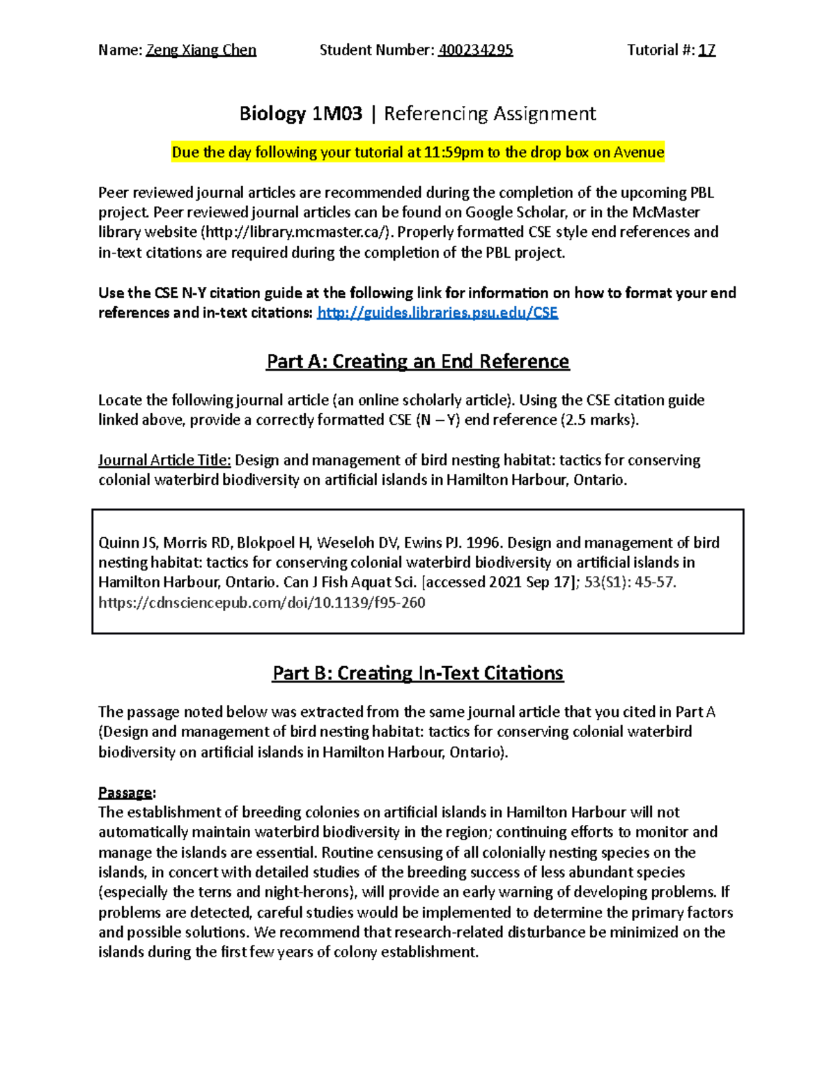 Referencing Assignment F2021 - Name: Zeng Xiang Chen Student Number: 400234295 Tutorial #: 17 ...