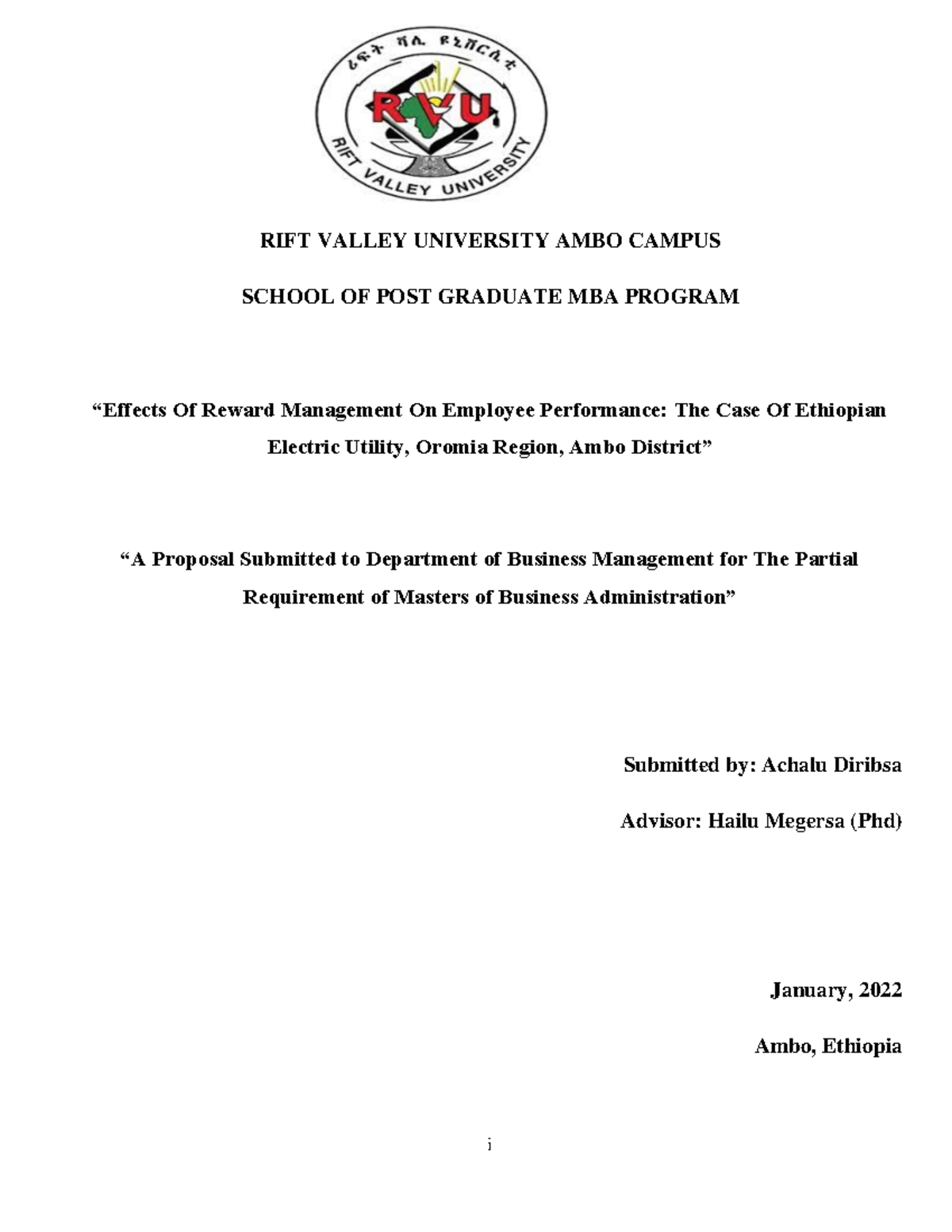 Research methodology - i RIFT VALLEY UNIVERSITY AMBO CAMPUS SCHOOL OF ...