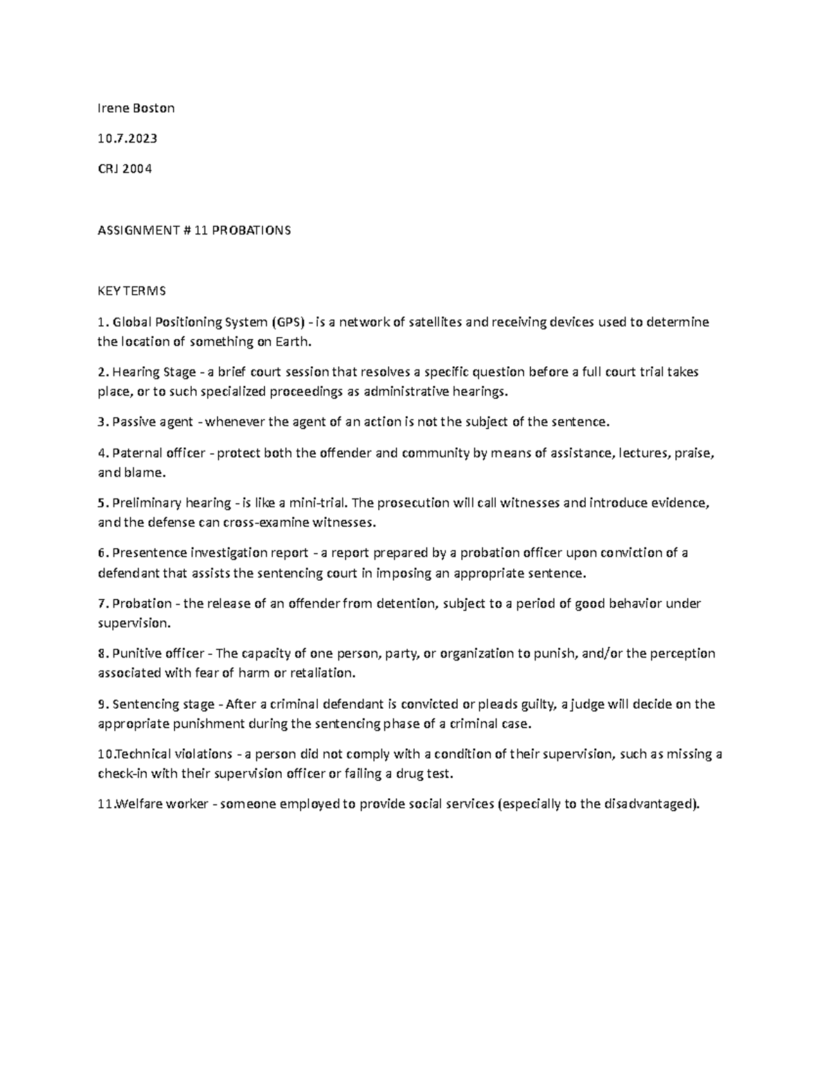 Assignment 11 Probations - Irene Boston 10. CRJ 2004 ASSIGNMENT # 11 ...