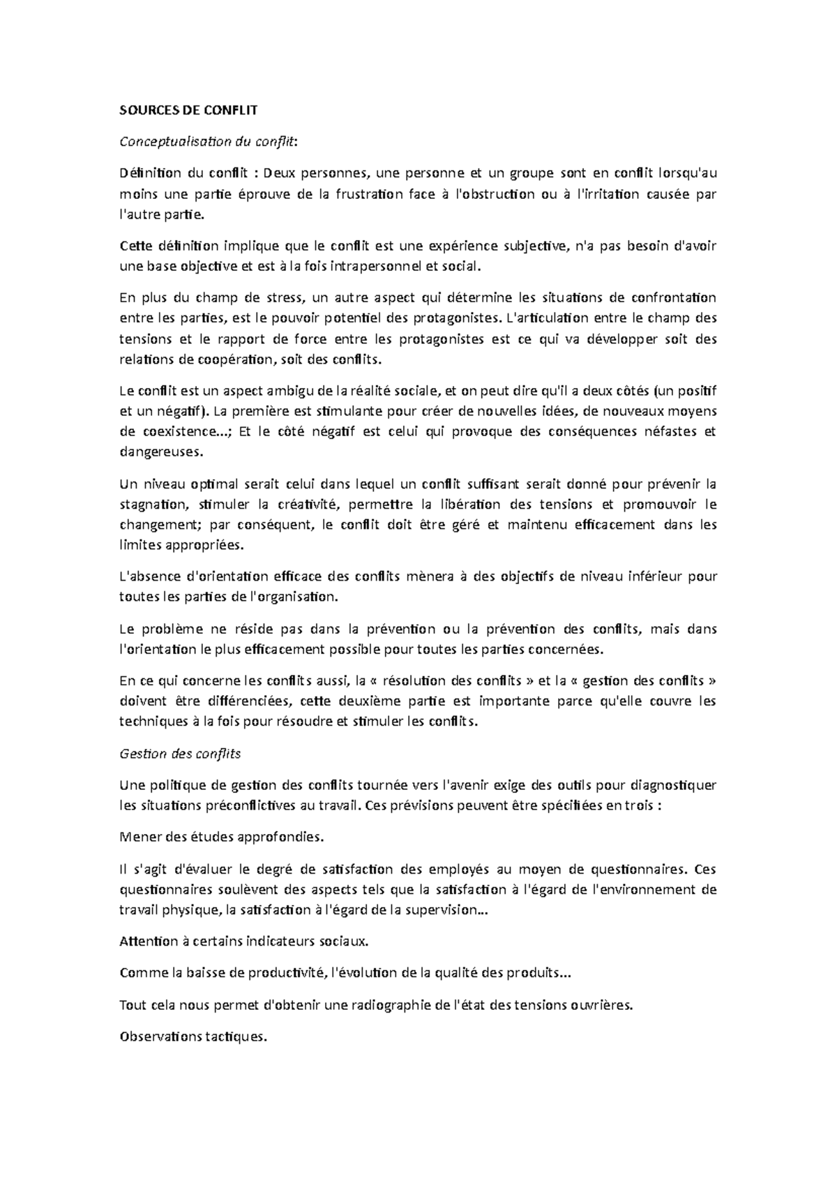 Sources DE Conflit - Notes de cours 4 - SOURCES DE CONFLIT ...
