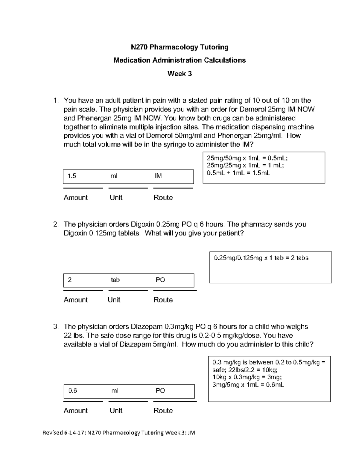 N270 Pharmacology Tutoring Week 3-4 key - Revised 6 - 14 - 17: N270 ...