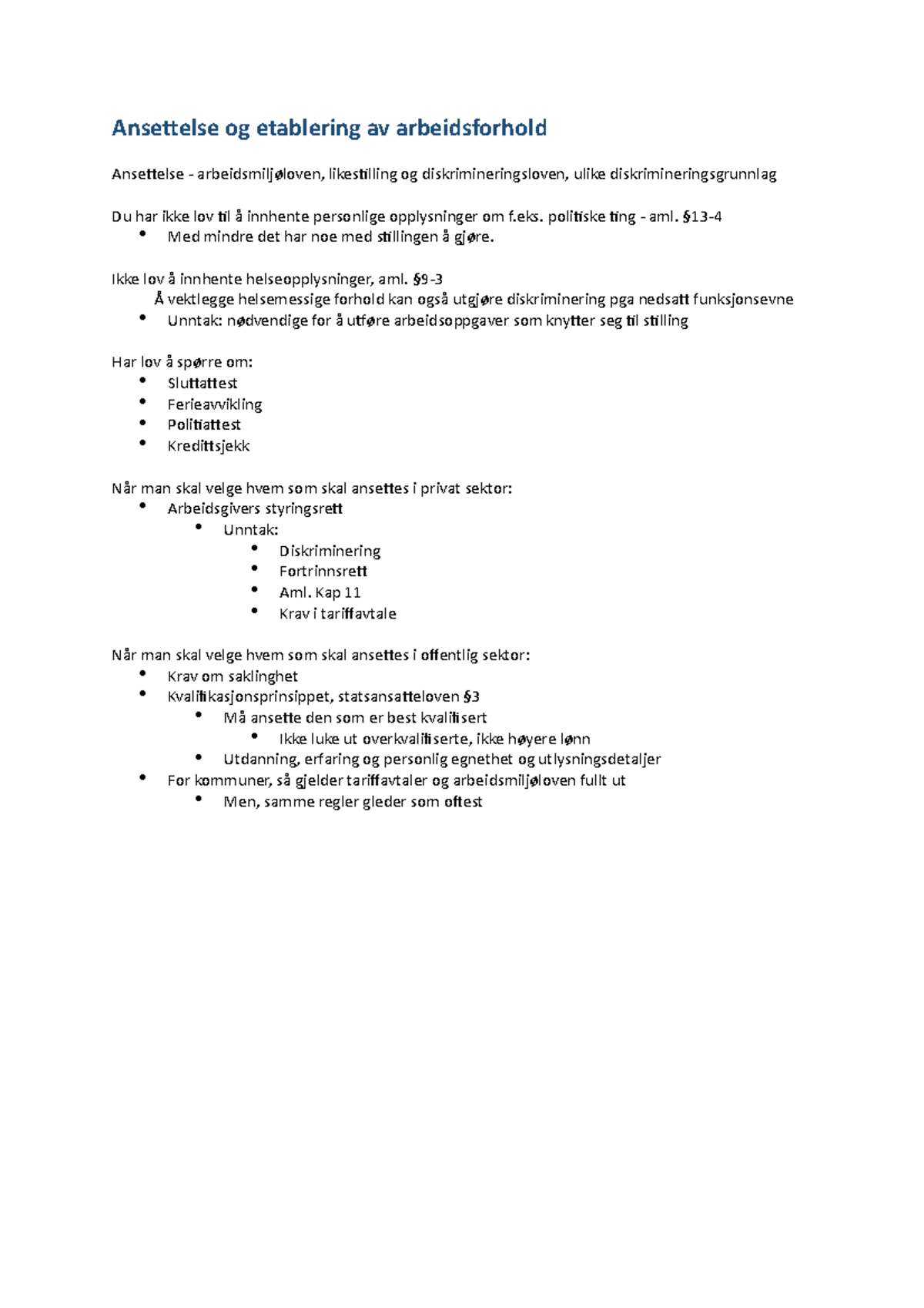 Juss kapittel 2 - Ansettelse og etablering av arbeidsforhold Ansettelse ...