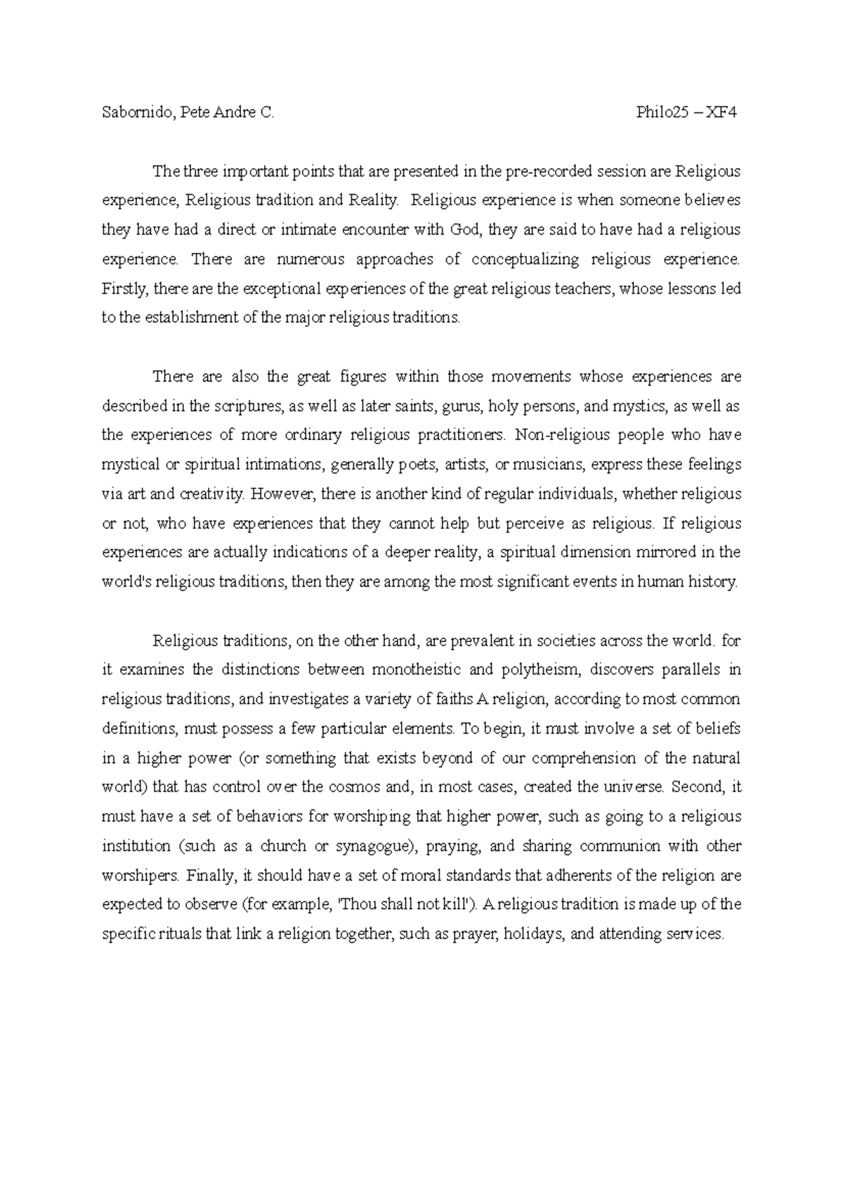 Philo Essay - The Sacred and The Profane - Sabornido, Pete Andre C ...