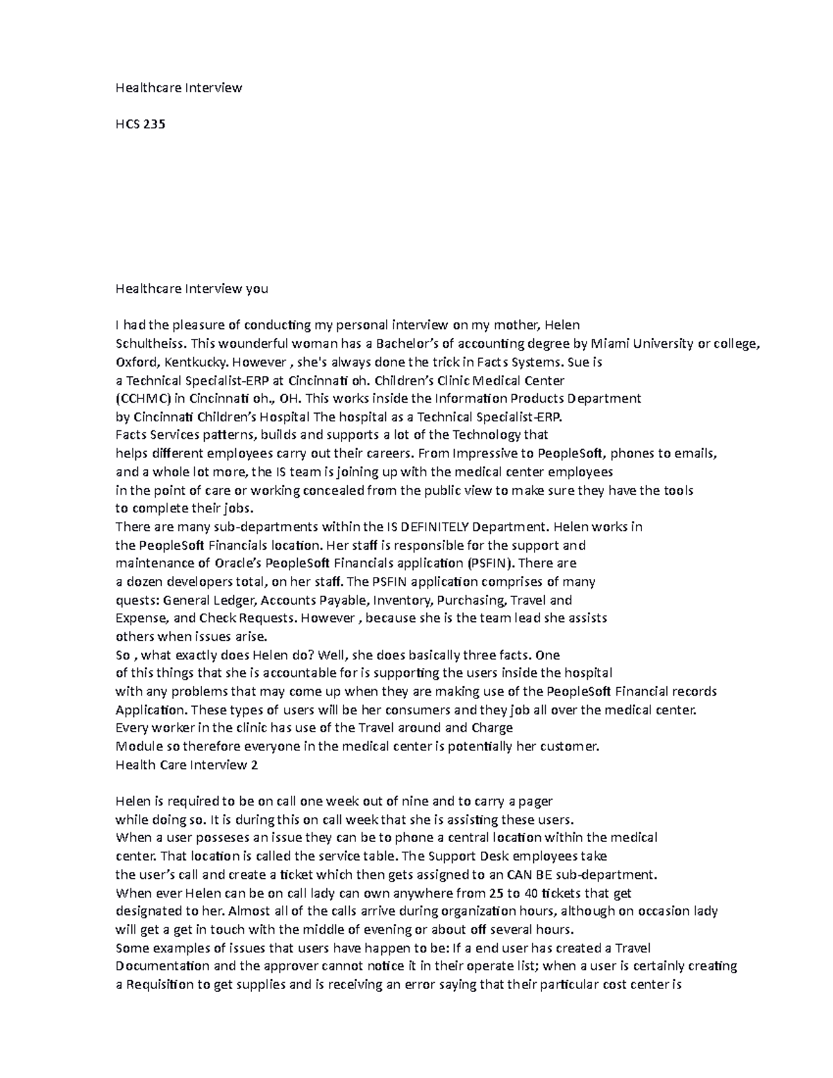 HCS 235 Health Care Interview Paper 1 - Healthcare Interview HCS 235 ...