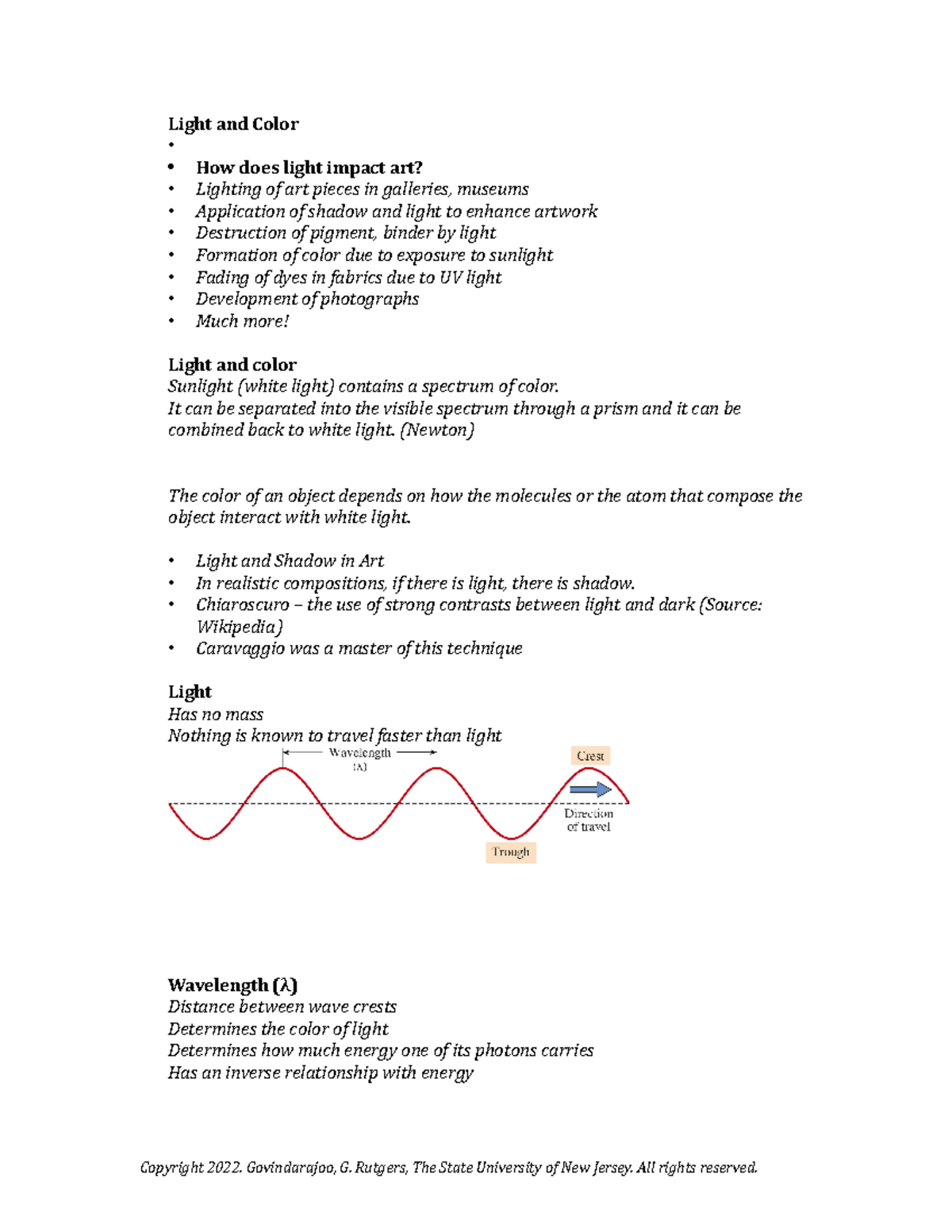 Lecture 1 Outline - Light and Color How does light impact art? Lighting ...