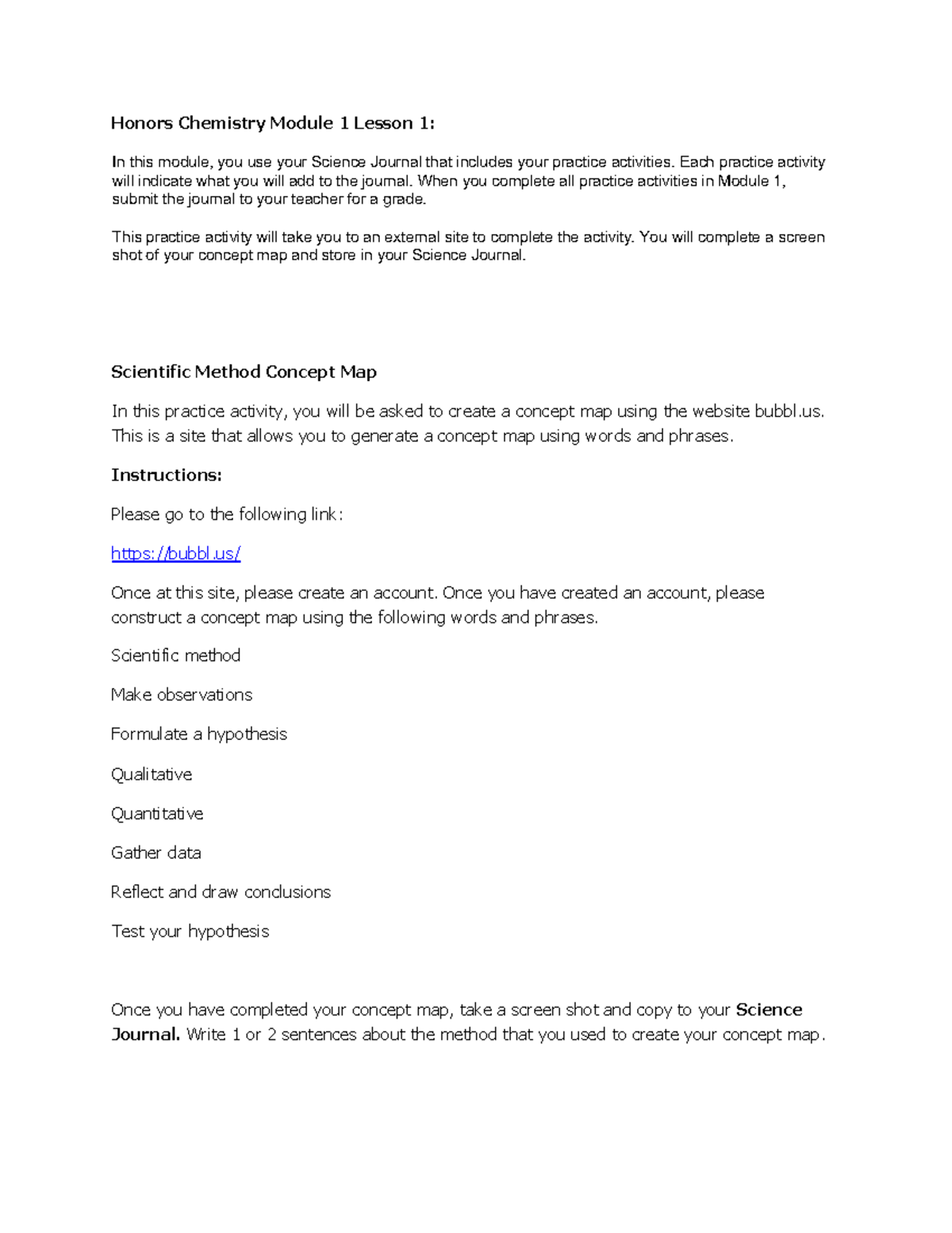 Module One Lesson One Activity - Honors Chemistry Module 1 Lesson 1: In ...