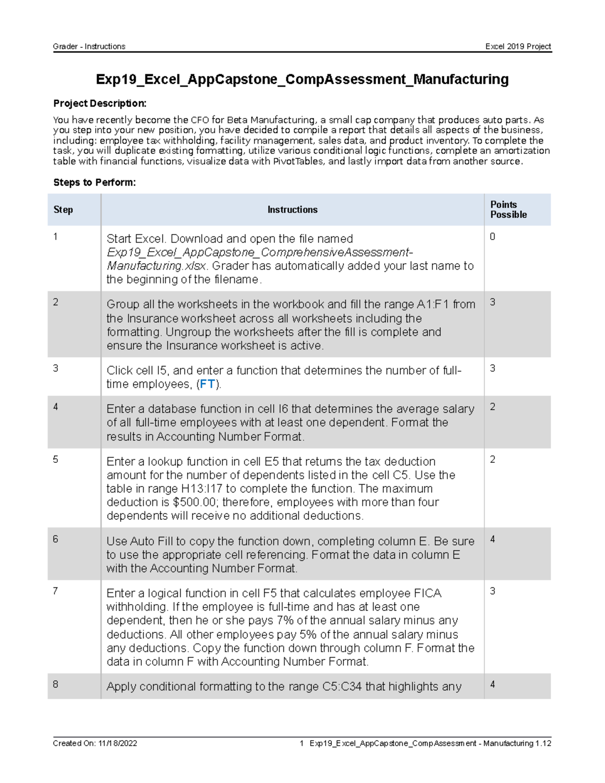 Exp19 Excel App Capstone Comp Assessment Manufacturing Instructions - - Studocu