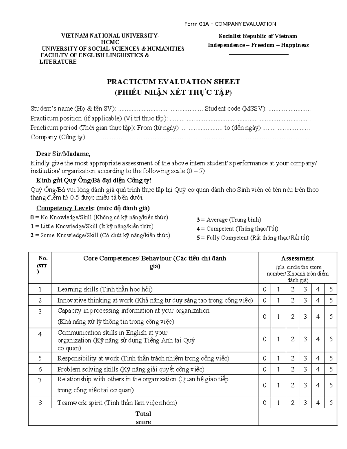 Mau 01A - Mau nhan xet TTTT - Cong ty - Form 01A – COMPANY EVALUATION ...