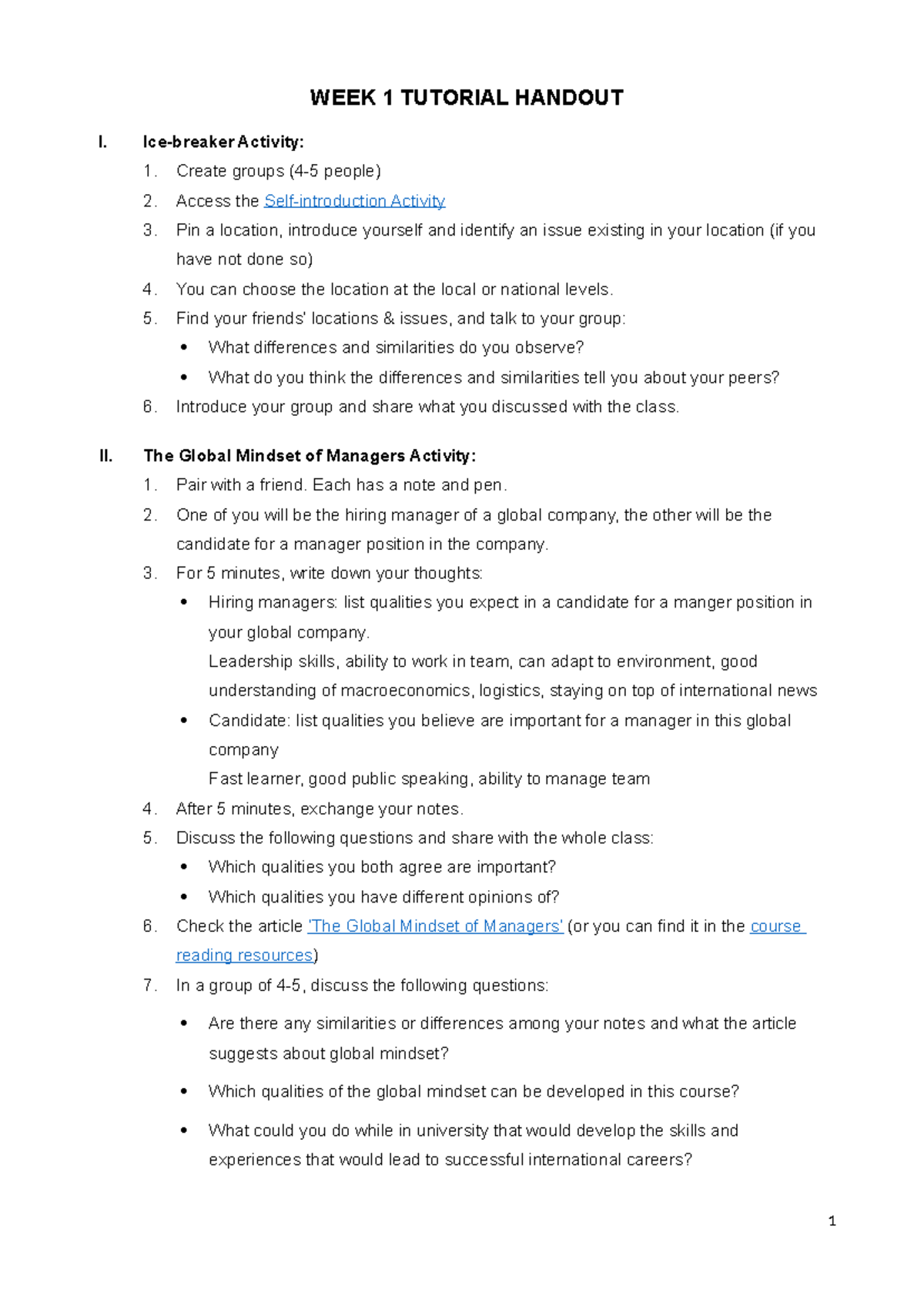 T3 2024 Week 1 Tutorial Handout - WEEK 1 TUTORIAL HANDOUT I. Ice-breaker Activity: 1. Create ...