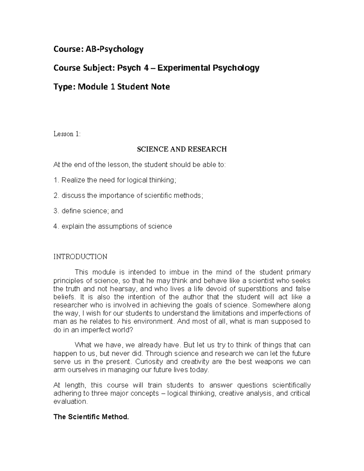 Psych 4 Experimental Psychology - Module 1 Science and Research ...