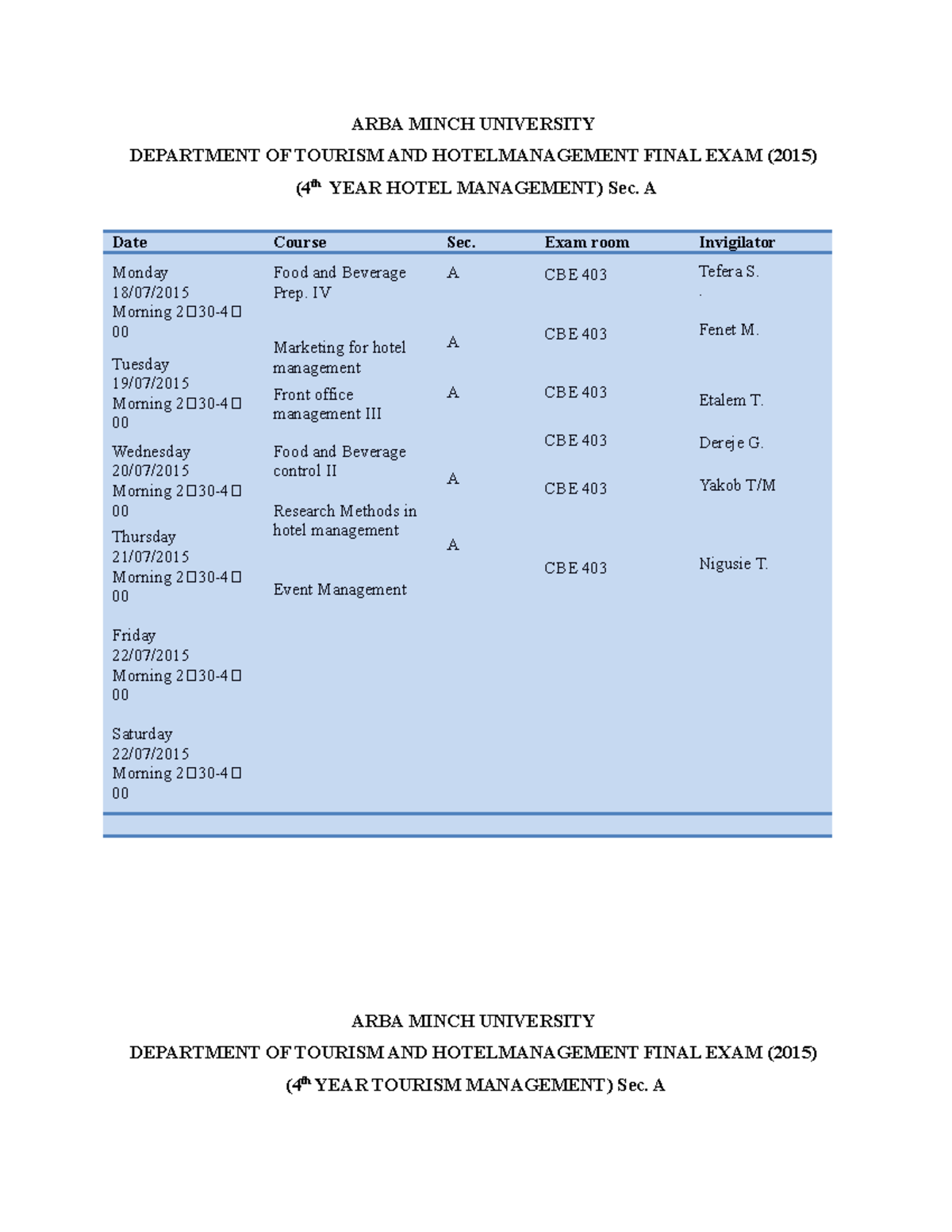 Aaaa - ARBA MINCH UNIVERSITY DEPARTMENT OF TOURISM AND HOTELMANAGEMENT ...