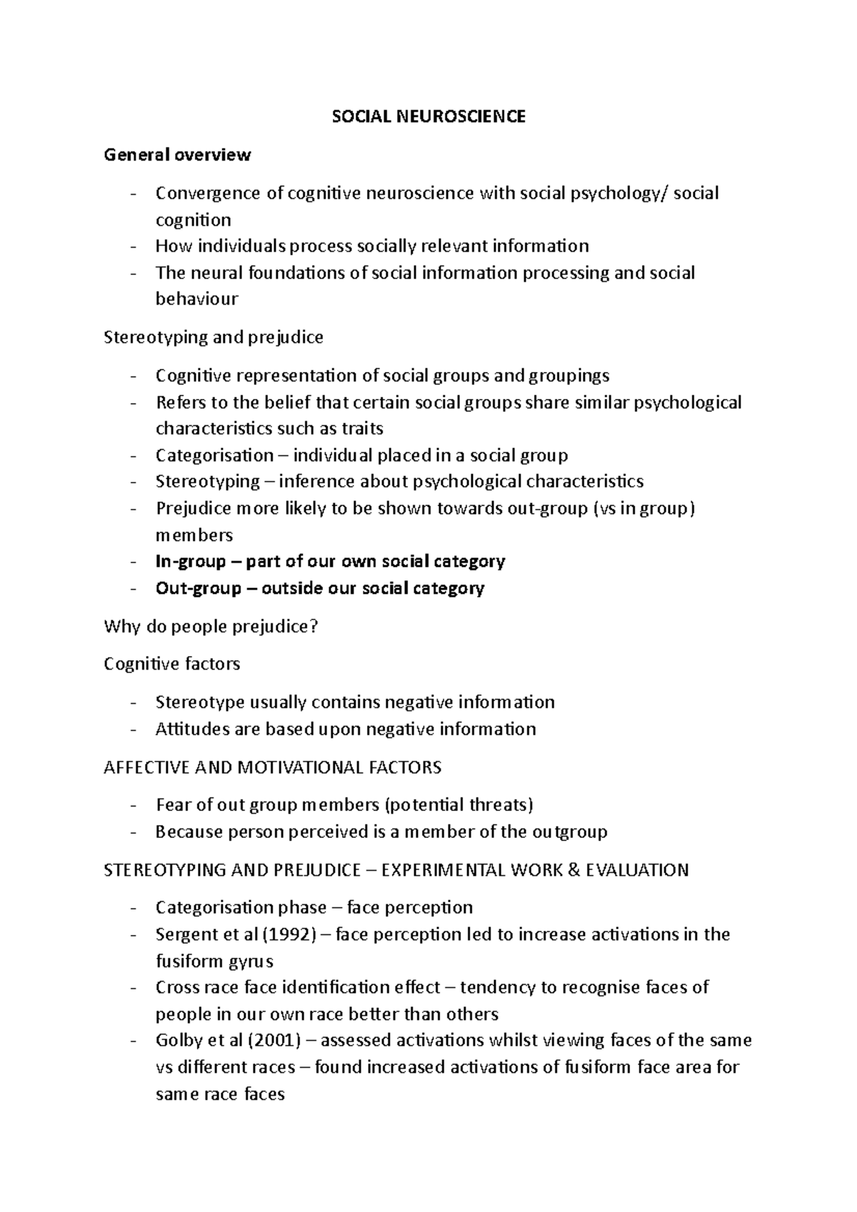 Social Neuroscience - Lecture notes 1 - SOCIAL NEUROSCIENCE General ...