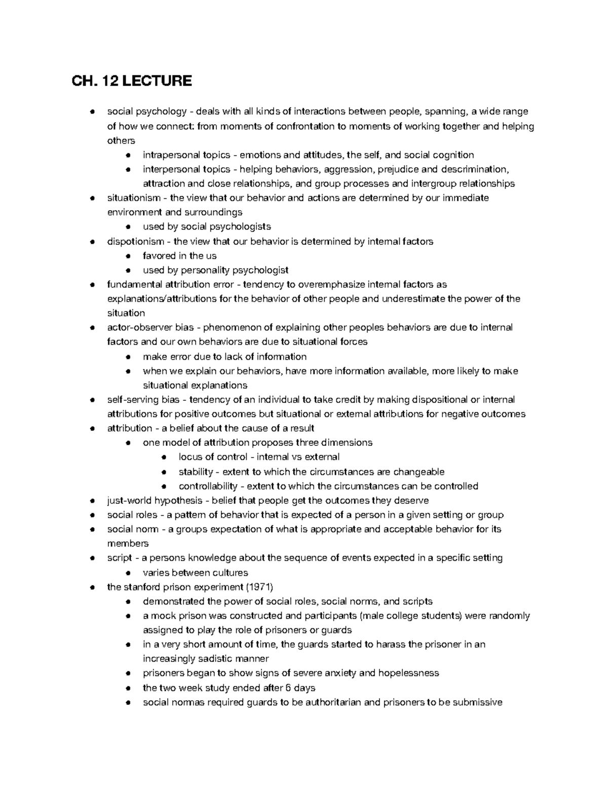 Chapter 12 - CH. 12 LECTURE social psychology - deals with all kinds of interactions between ...