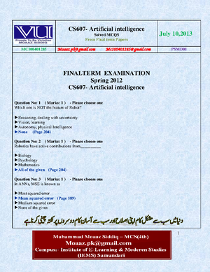 CS607 Midterm Solved MCQS By Junaid - CS607-Artificial Intelligent MID TERM MCQS Prepared by ...