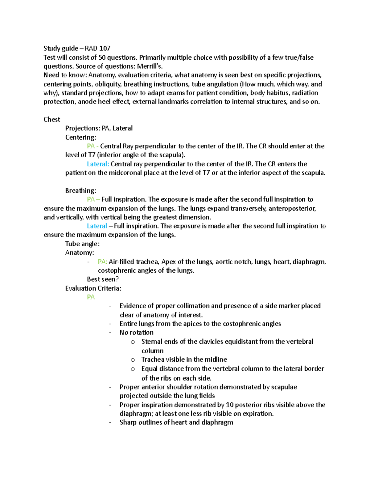 Study guide RAD 107 - Study guide – RAD 107 Test will consist of 50 ...