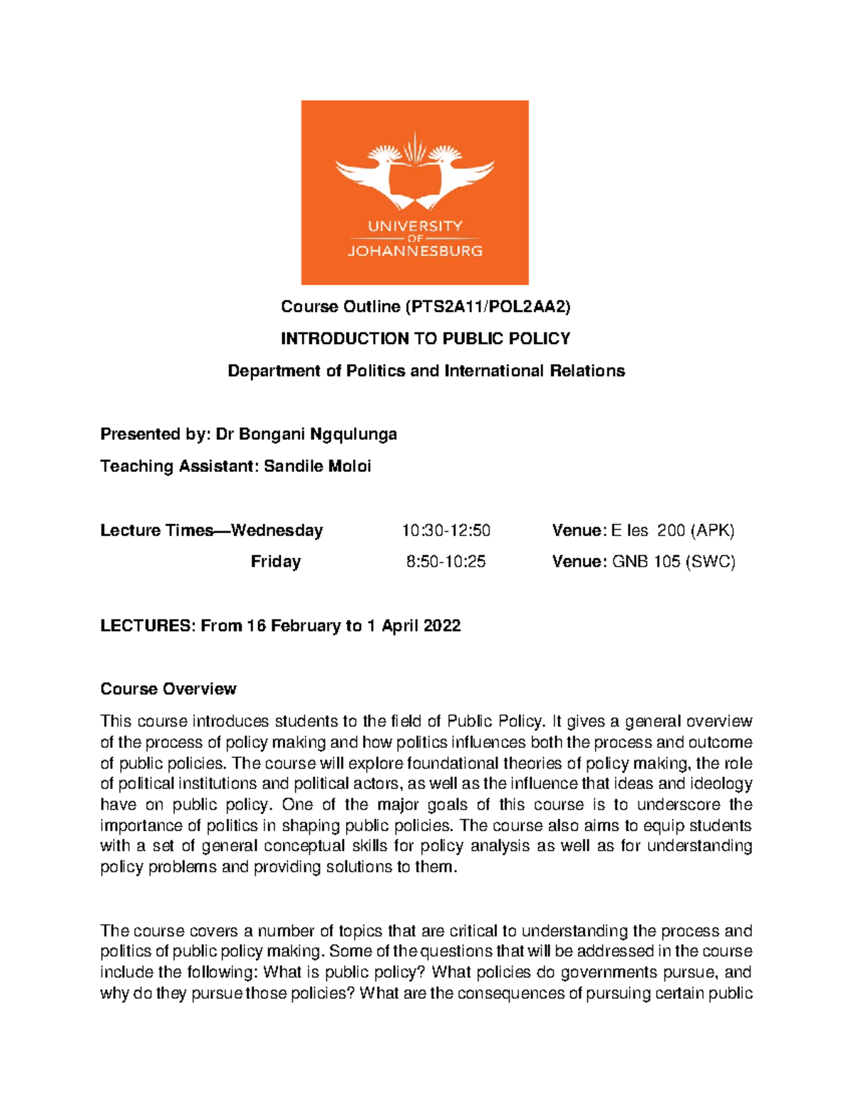 Public Policy- Course Outline (Politics 2A) - Course Outline (PTS2A11 ...