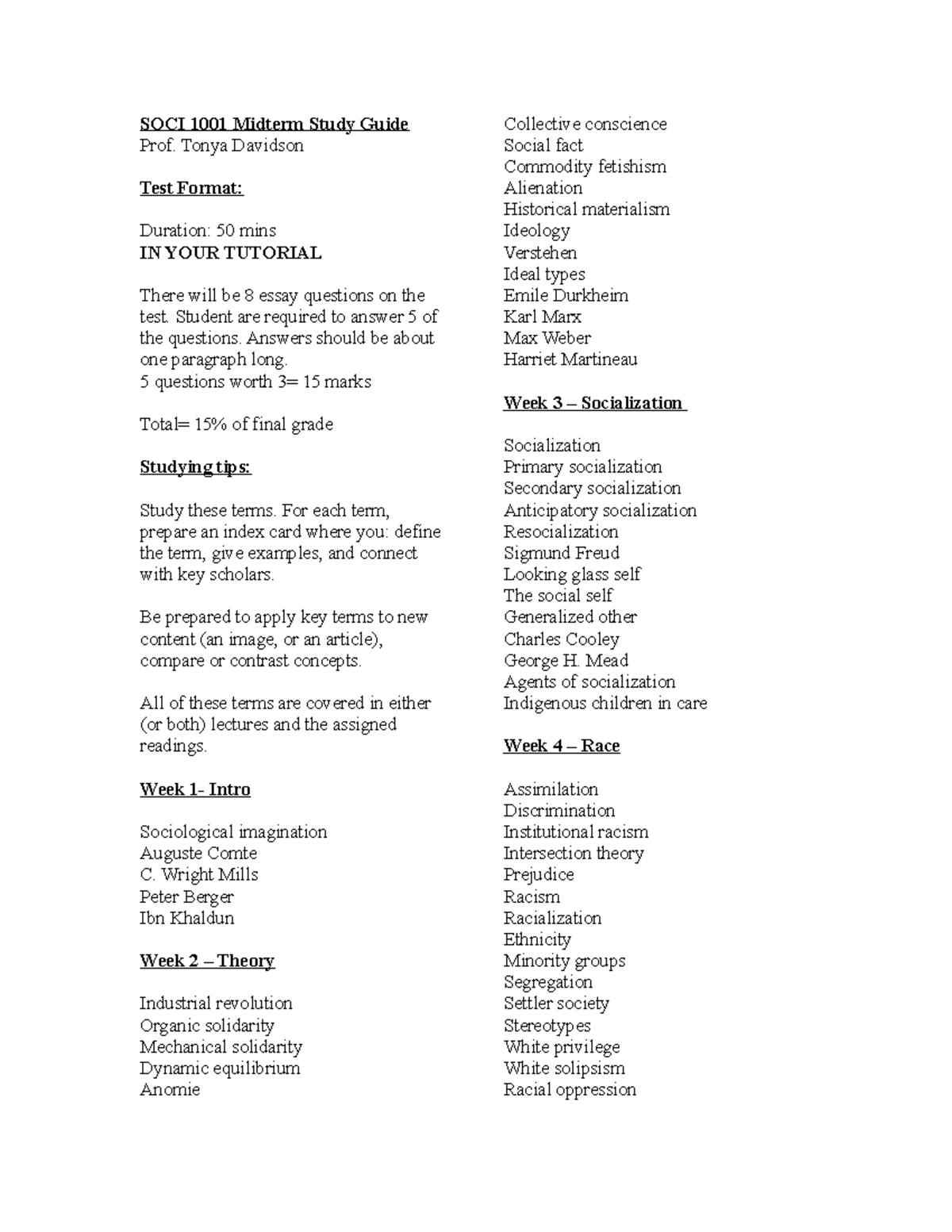 SOCI1001Test1Study Guide F 19 - SOCI 1001 Midterm Study Guide Prof ...