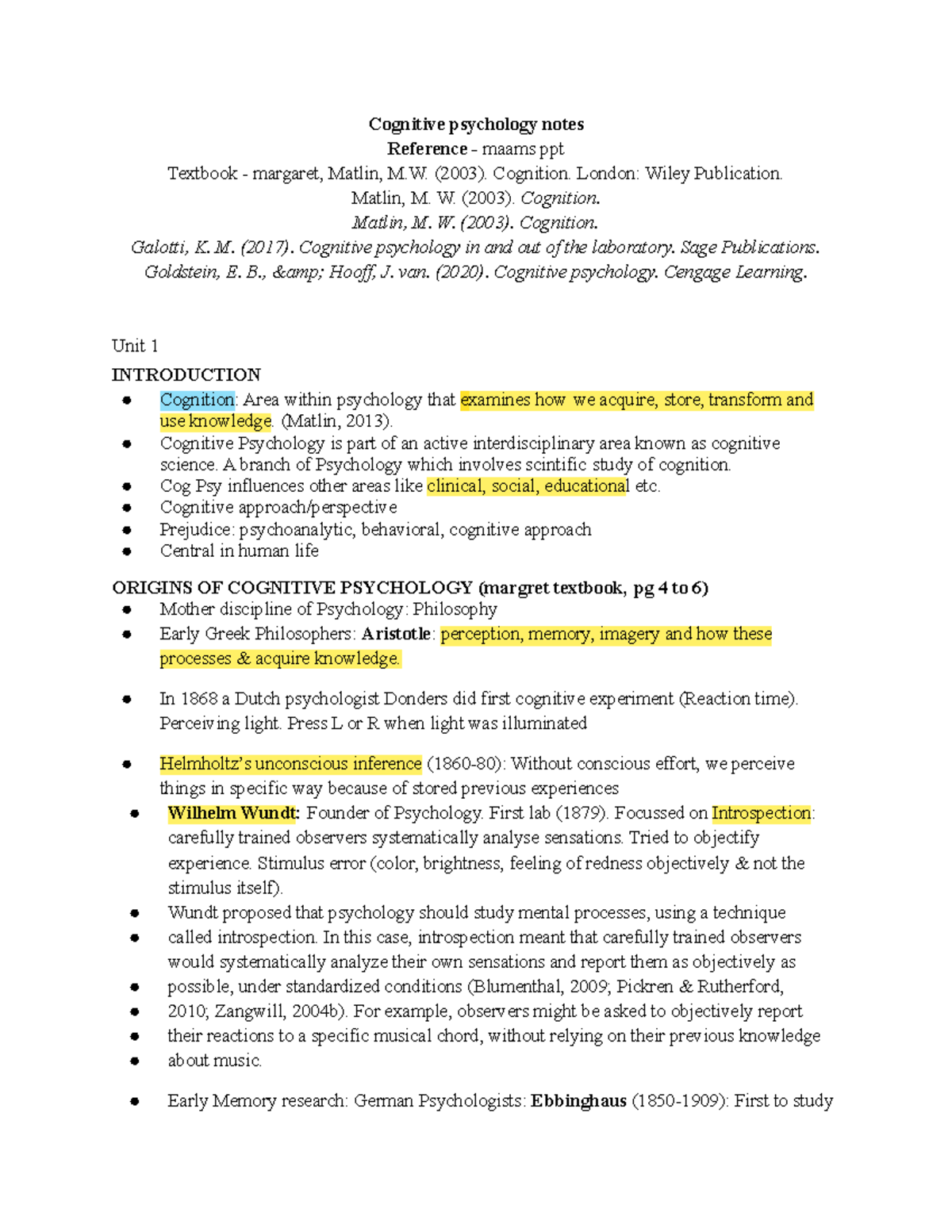 Cognitive psychology Unit 1 - Cognitive psychology notes Reference ...