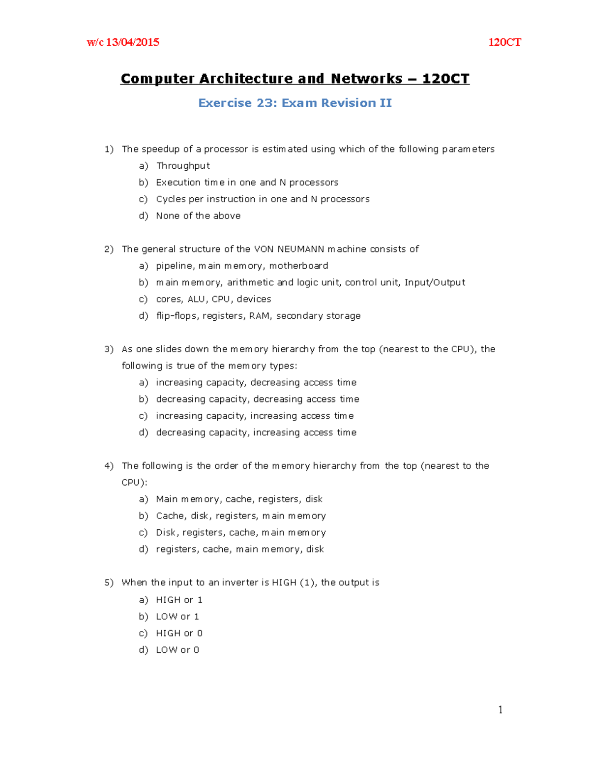 Exercise 23 Exam Revision II - w/c 13/04/2015 120CT Computer ...