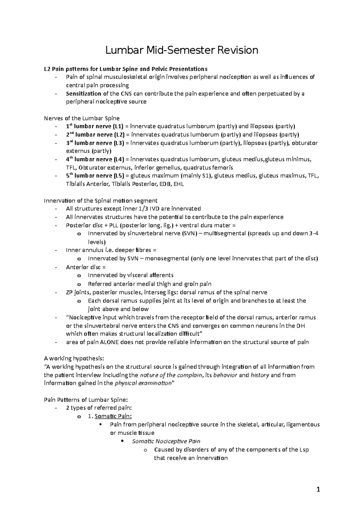 Mid-semester Exam Revision - Lumbar Mid-Semester Revision L2 Pain ...