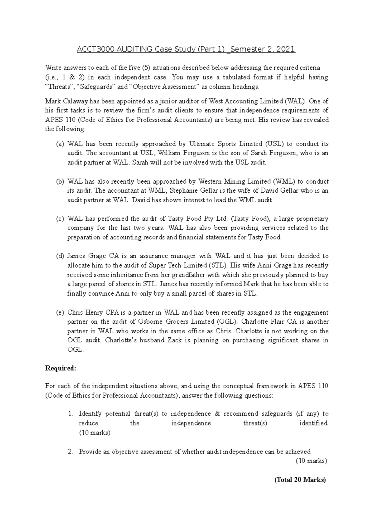 Audit, Assurance, Risk Management Code of Ethics - ACCT3000 AUDITING Case Study (Part 1 ...
