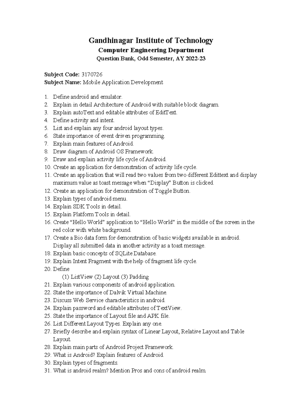 3170726 MAD Question Bank - Gandhinagar Institute of Technology Computer Engineering Department ...